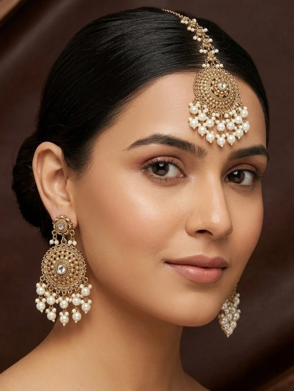 Ethnic Indian Wear | Jewelry | Chandbali Maang Tikka Set Pearl Stone ...